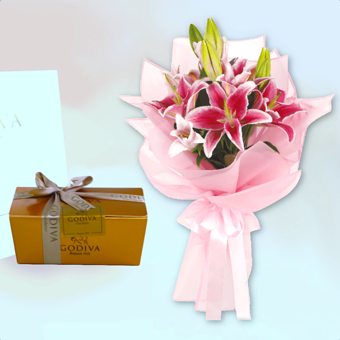 Pink Lilies With Godiva Chocolate Box | Shop At Black Tulip Flowers