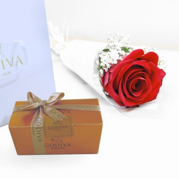 Single Red Rose With Godiva Box Of Chocolates Combo | BTF