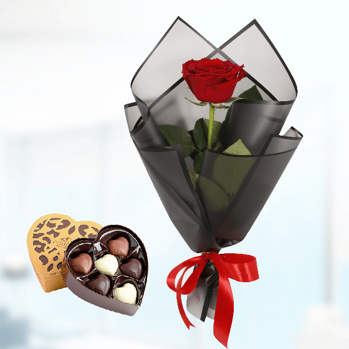 Single Rose Flower Bouquet & Chocolates | Shop Online Gifts