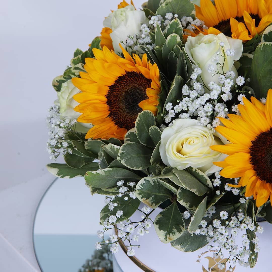 Golden Rays Sunflower And White Rose Box Online