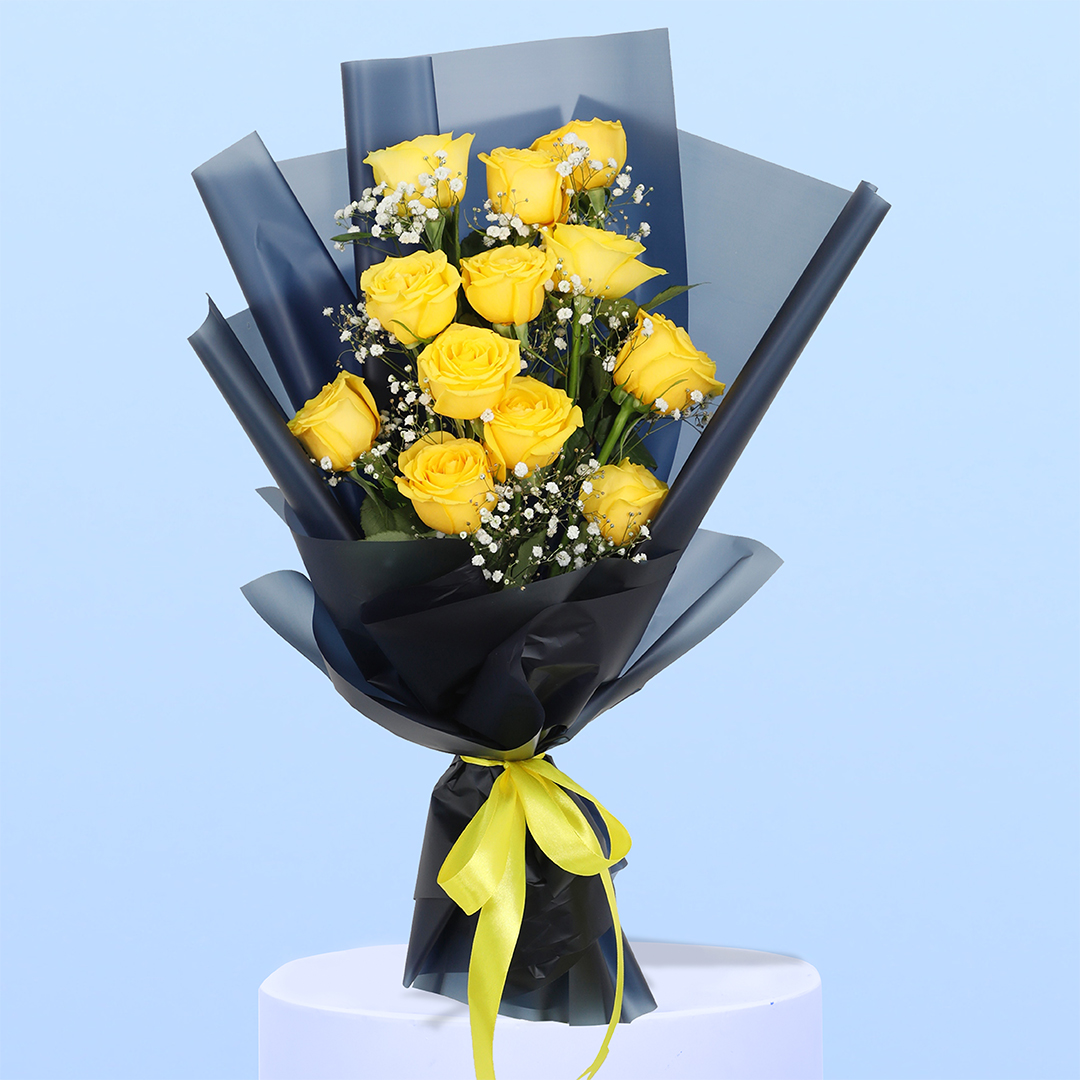 Yellow Roses In Black Wrap - Black Tulip Flowers WLL