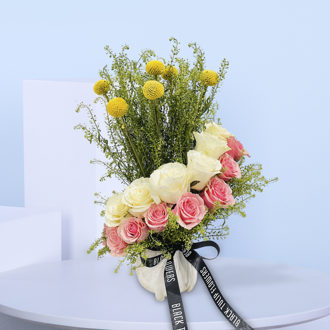 Blush Harmony Vase | Roses & Yellow Balls