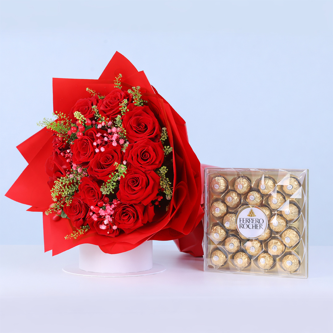 Red Embrace Sweet Combo | Roses & Ferrero Rocher
