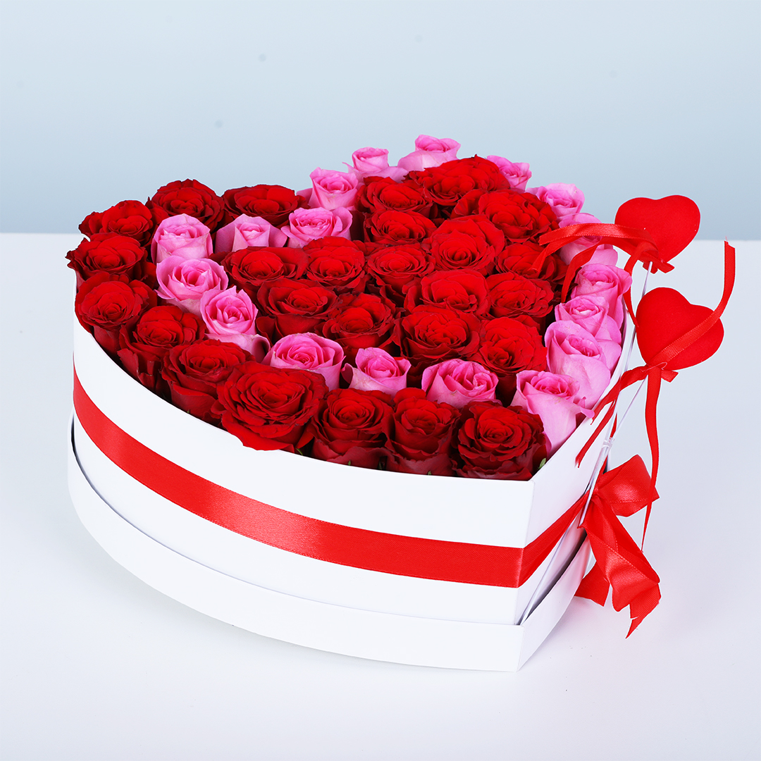 Luxury Heart Rose Box With Ribbon | Pink And Red Roses
