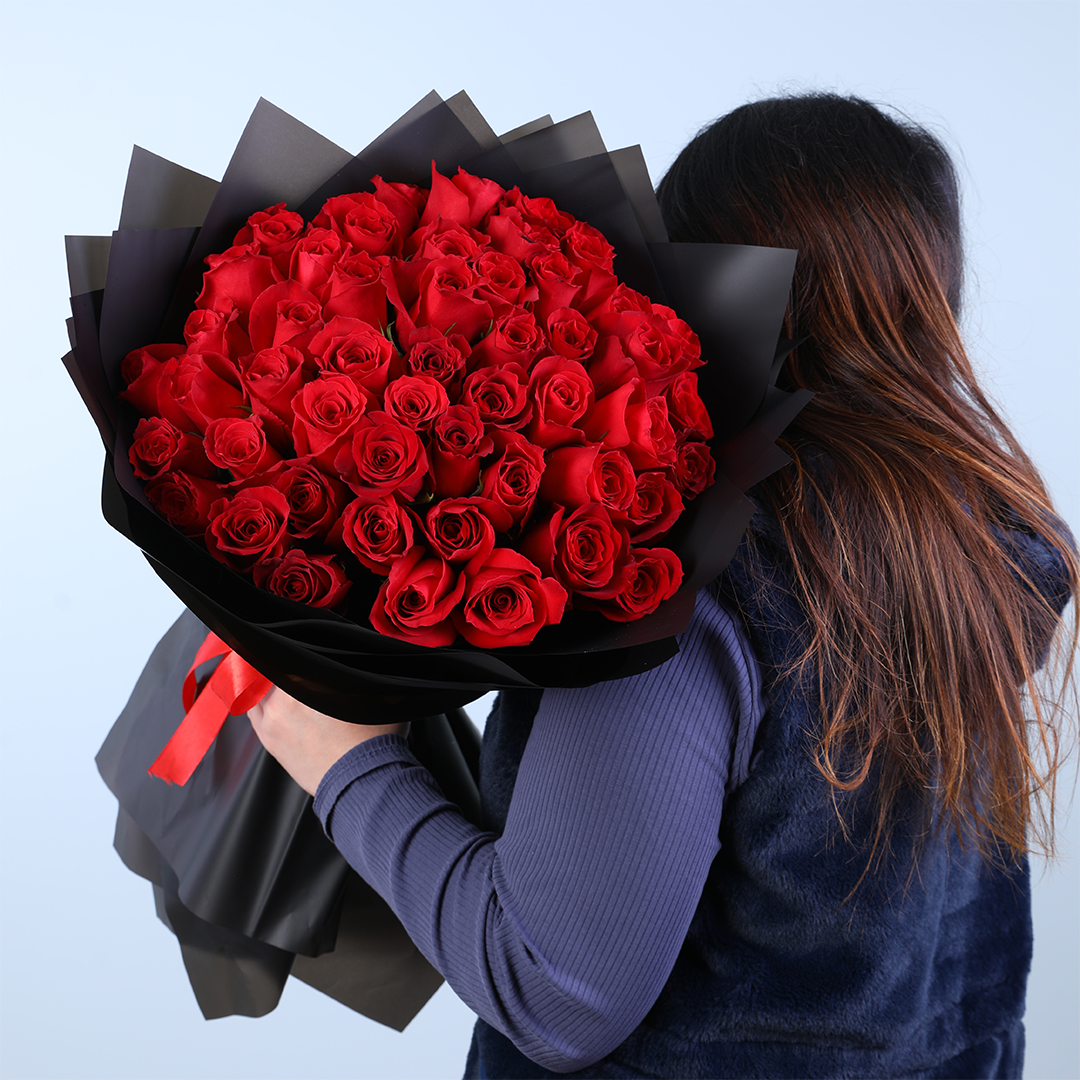 50 Red Roses Bouquet In Black Wrap | Luxury Romantic Flowers